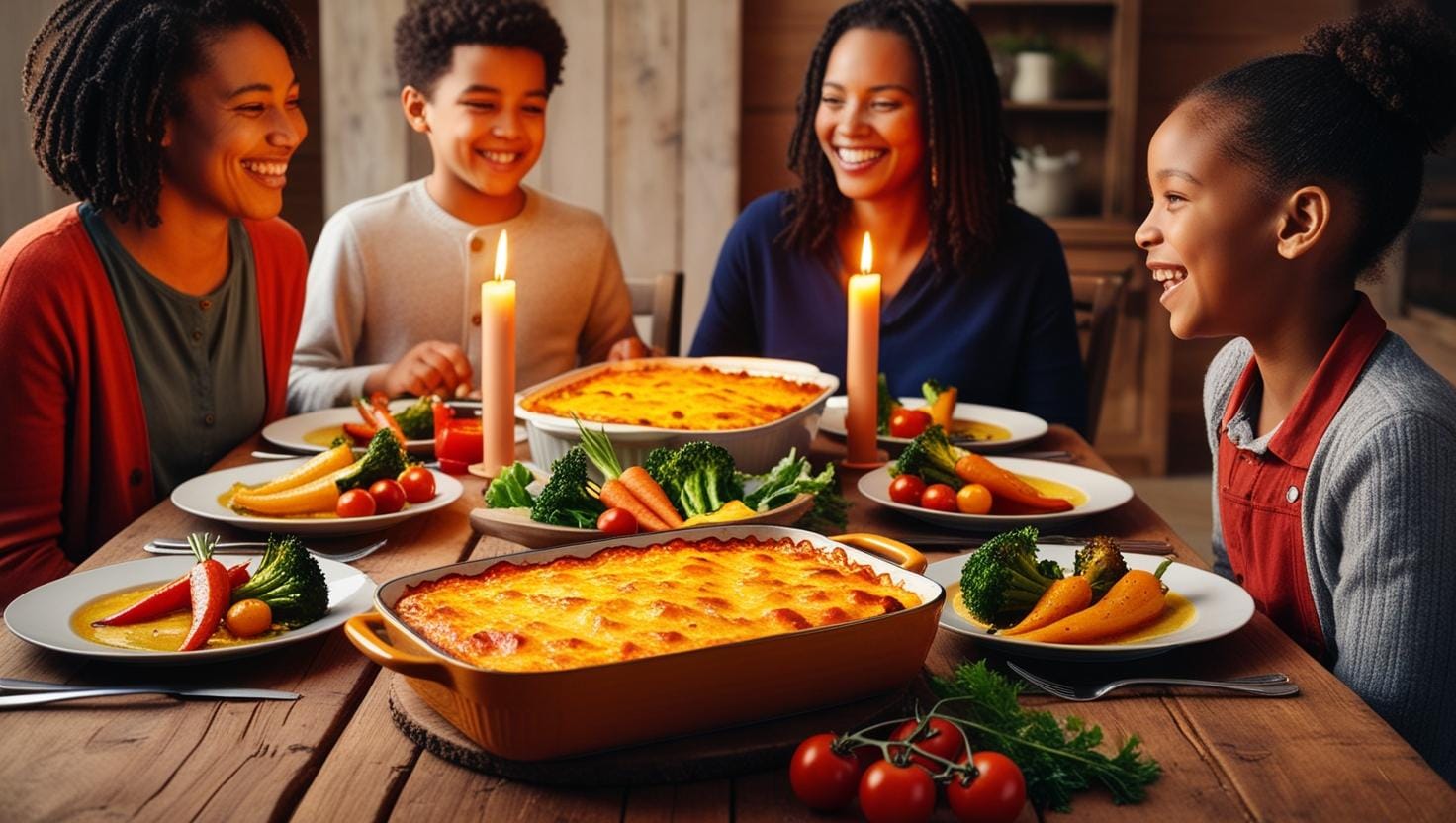 A diverse family enjoying a warm, healthy home-cooked American dinner ...