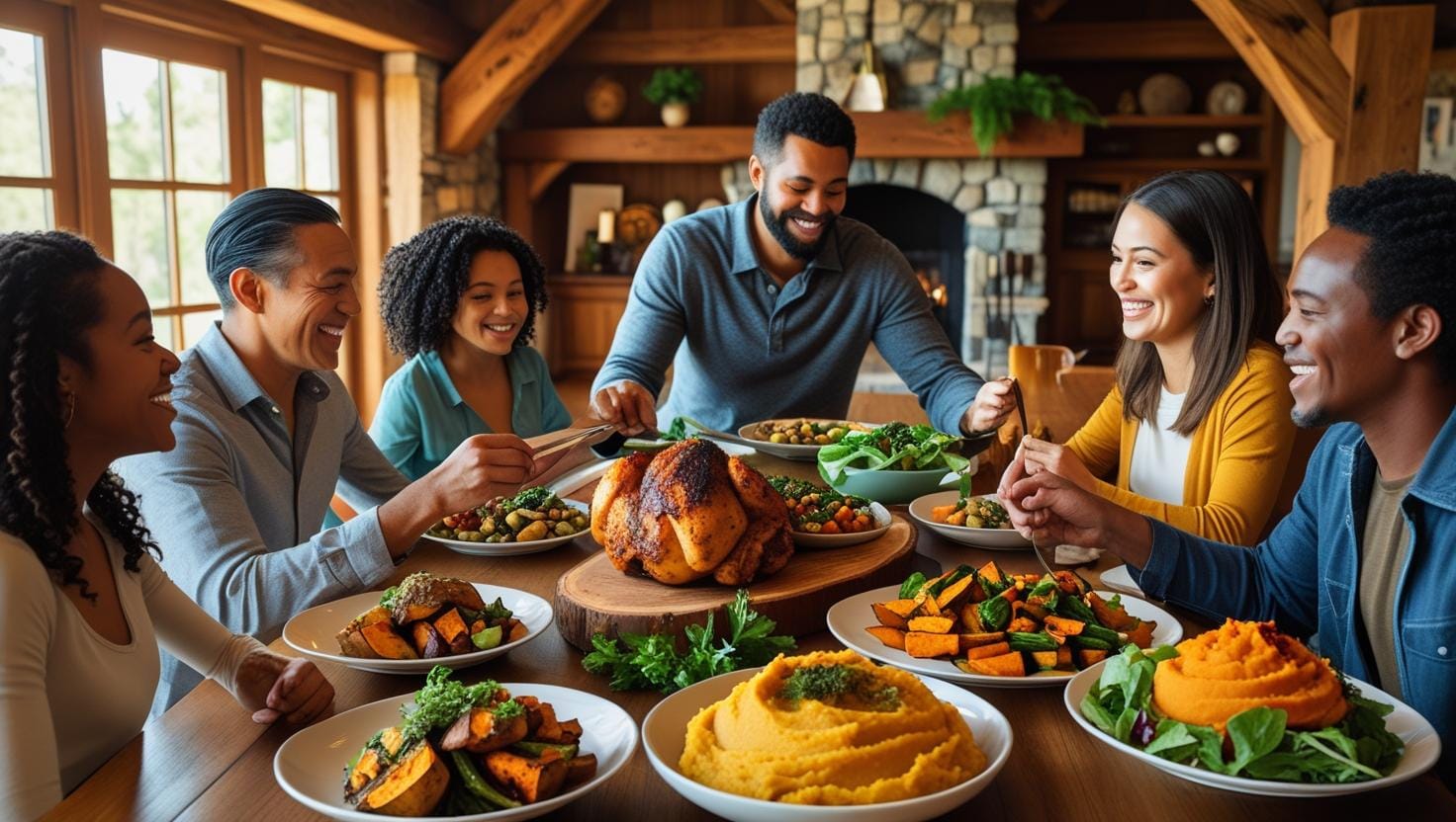 Family gathered around table enjoying healthy traditional American ...